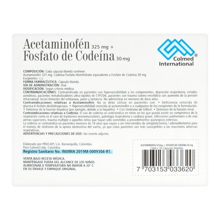 ACETAMINOFEN/CODEINA 325/30 MG PC CJA X 30 UND - Droguerias Patria